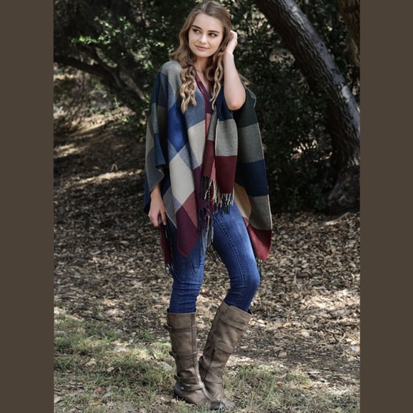 Sweaters | Boho Plaid Fringe Ruana Poncho Wrap Red Navy | Poshmark
